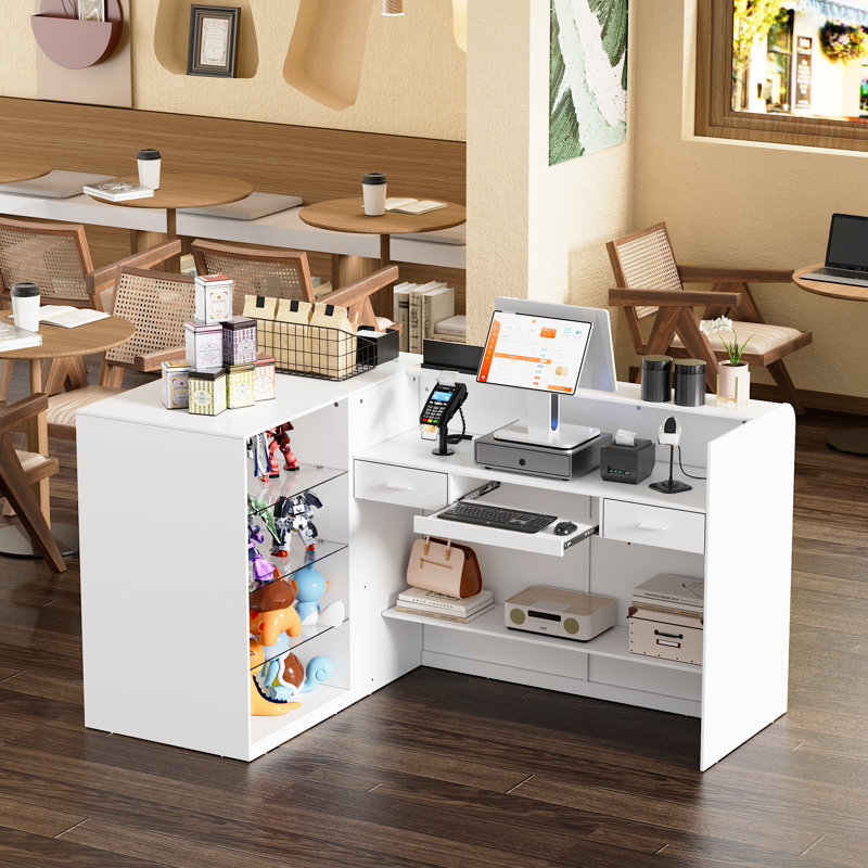 L shaped Reception Desk With Counter Glass Retail Counter Desk Display Case 2 Drawers